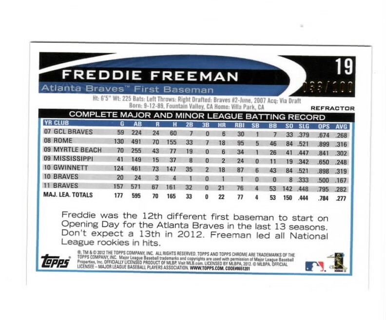 2012 Topps Chrome Black Refractors #19 Freddie Freeman #033/100 | eBay