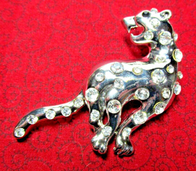 Women's Silver Tone Clear Crystal Angry Leopard Cat Pin Brooch - NWOT ...