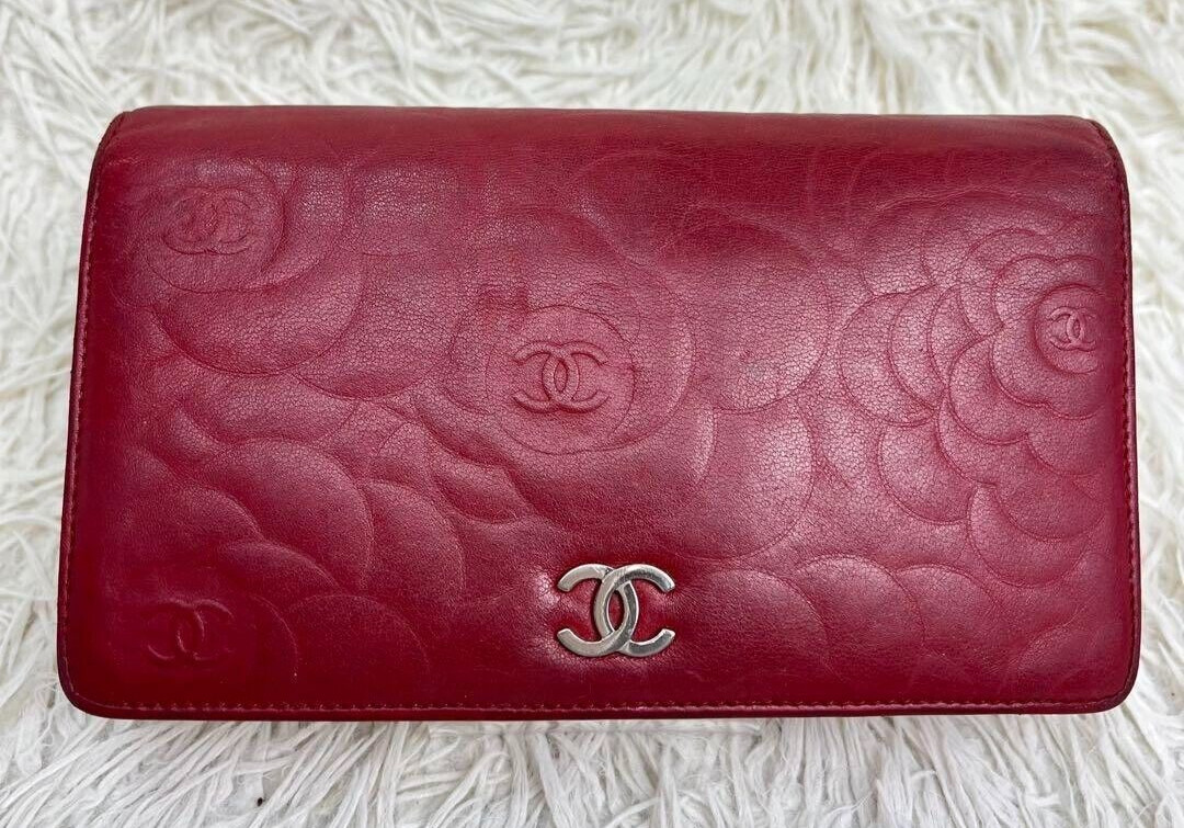 CHANEL Camellia Coco Mark Bifold Long Wallet Red Lamb… - Gem