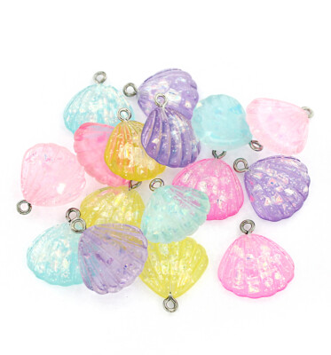 4 Seashell Charms Glitter Resin Silver Tone Loop Assorted Pastel Colors ...