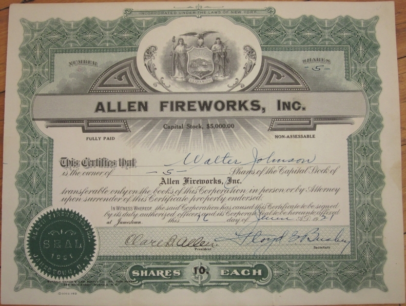 1921 Stock Certificate: 'Allen Fireworks, Inc.' - Jamestown, New York ...