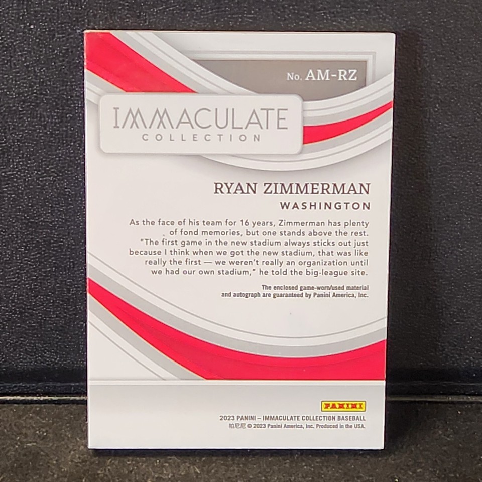 Ryan Zimmerman 2023 Immaculate Autographed Materials Holo Gold 2/2 ON ...