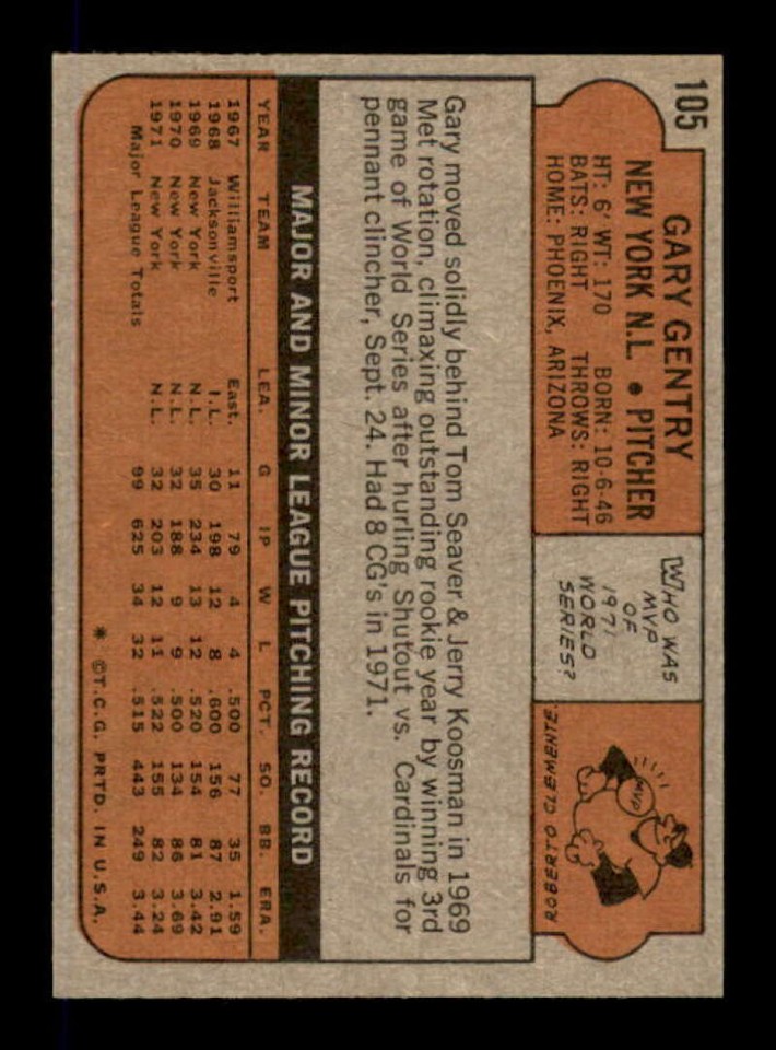 1972 Topps #105 Gary Gentry EX/EX+ Mets 560782 | eBay