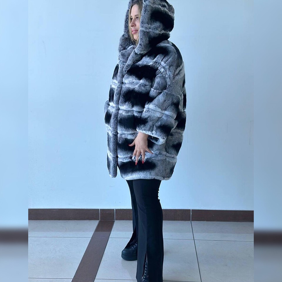 Luxury Real Rex Rabbit Fur Hood Coats Women Mid-length Chinchilla ...