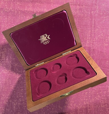 1984 SUMMER OLYMPIC GAMES -WOOD DISPLAY BOX FOR 6 GOLD AND SILVER COINS ...