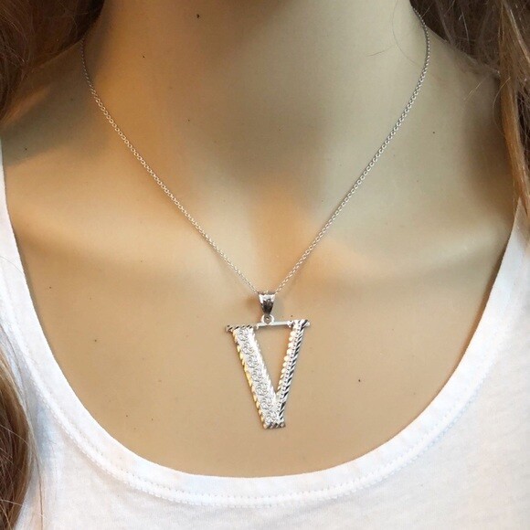 925 Sterling Silver Initial Letter V Pendant Necklace - Large, Medium ...