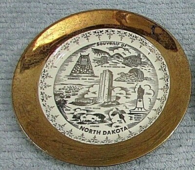 Vintage Crest-O-Gold 22k Sabin Pottery 7" dia North Dakota State Plate ...