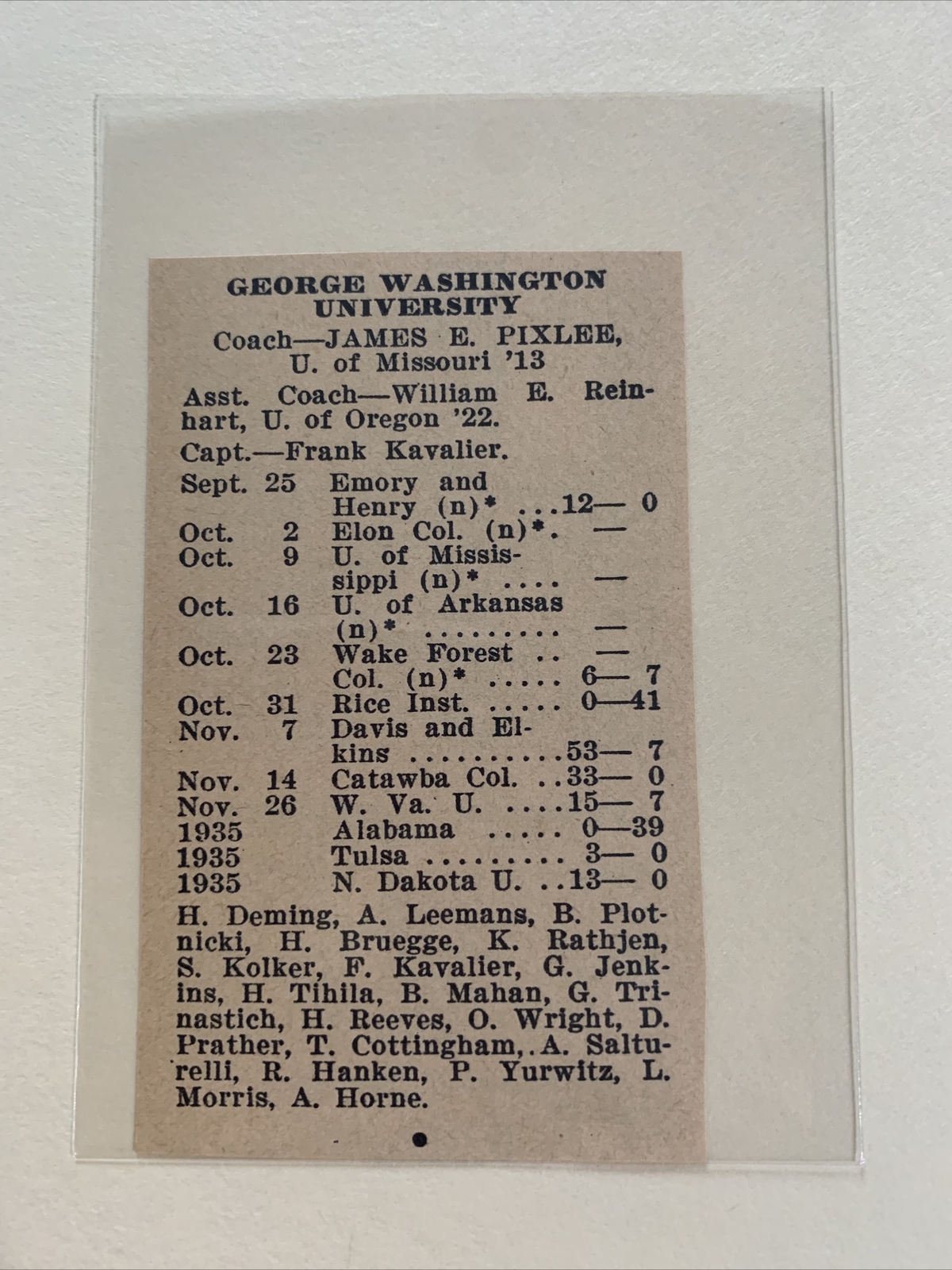 George Washington University Colonials 1935 College Football Schedule ...