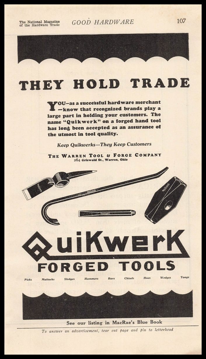 1922 Quikwerk Forged Tools Warren Tool & Forge Company Ohio Vintage ...