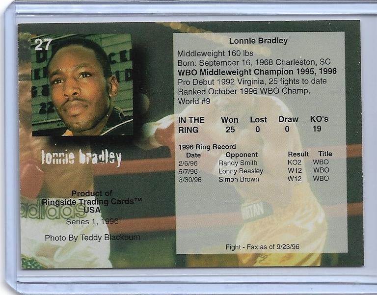 1996 RINGSIDE LONNIE BRADLEY BOXING CARD #27 CHARLESTON | eBay
