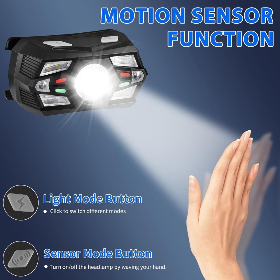 3 Pack LED Rechargeable Headlamps w/ Motion Sensor & Red Light for ...
