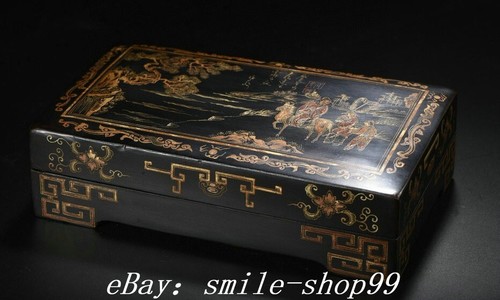 9.6" Old China Dynasty lacquerware Gilt Fengshui People Person Storage ...