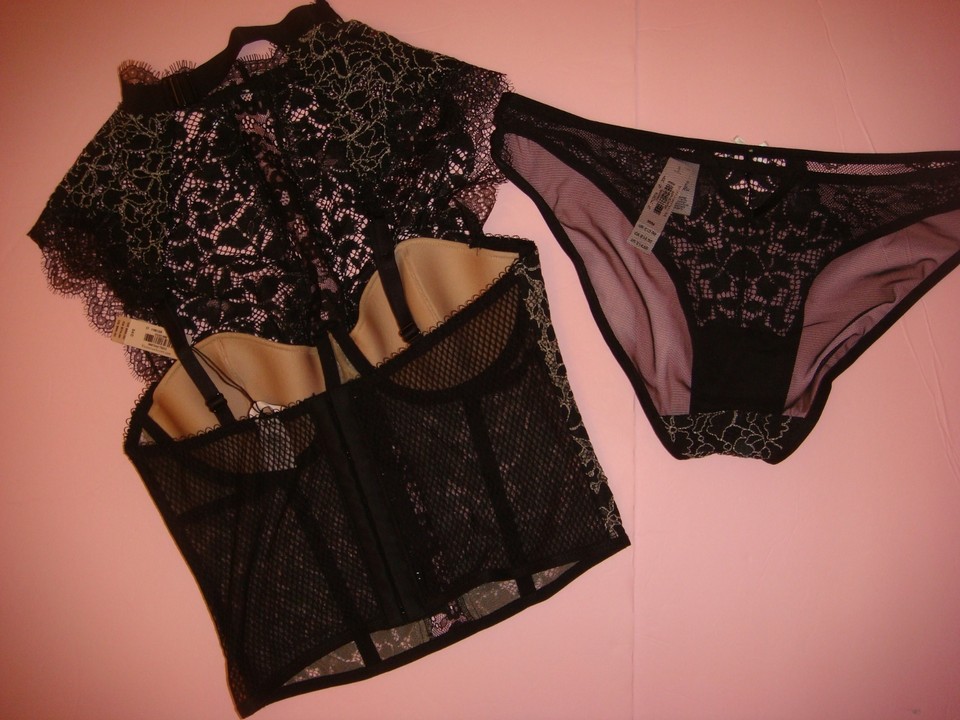 Victoria's Secret 36C CORSET TOP+L thong+M panty+TEDDY Bodysuit BLACK ...
