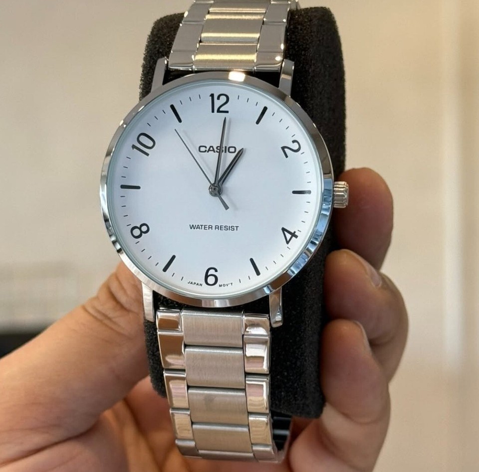 Casio MTP-VT03D-7B White Analog Minimalistic Design Stainless Steel Men ...