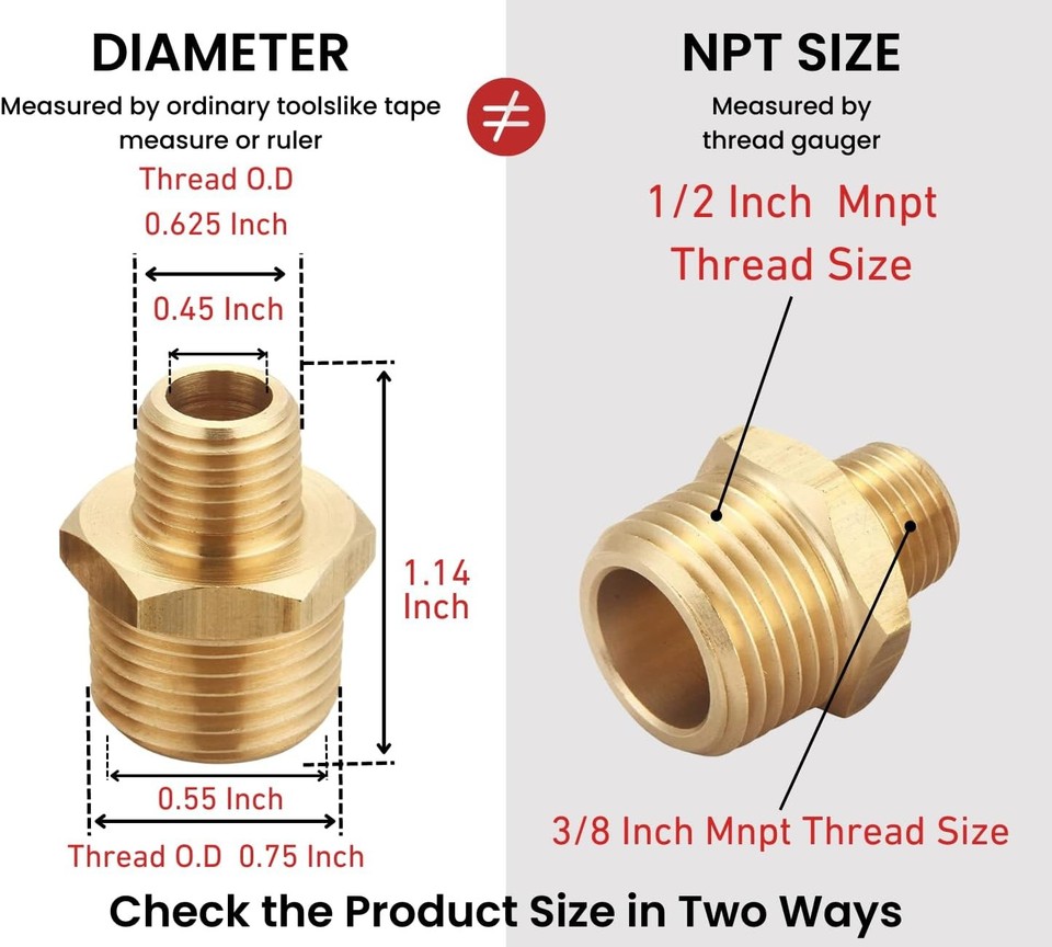 1/2 Inch Male to 3/8 Inch Male NPT Adapter Brass Reducing Hex Nipple ...