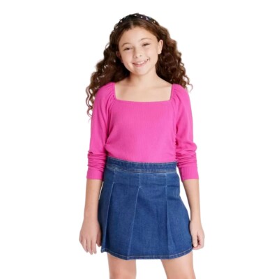 KKP) Girls' Square Neck Ribbed Long Sleeve Top art class Pink M 7/8 | eBay