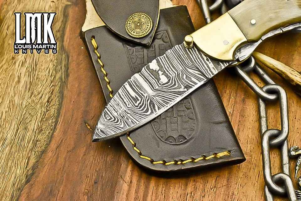 LMK Hand Crafted Twist Damascus Folding Knife Ram's Horn Liner Lock ...