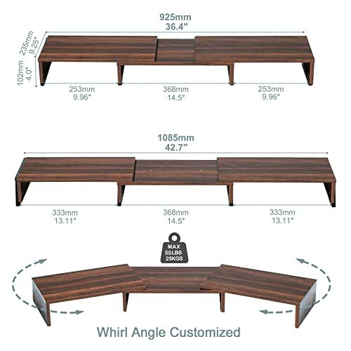 DUAL MONITOR STAND 3 Shelf Computer Riser Wood Desktop Adjustable Brown ...