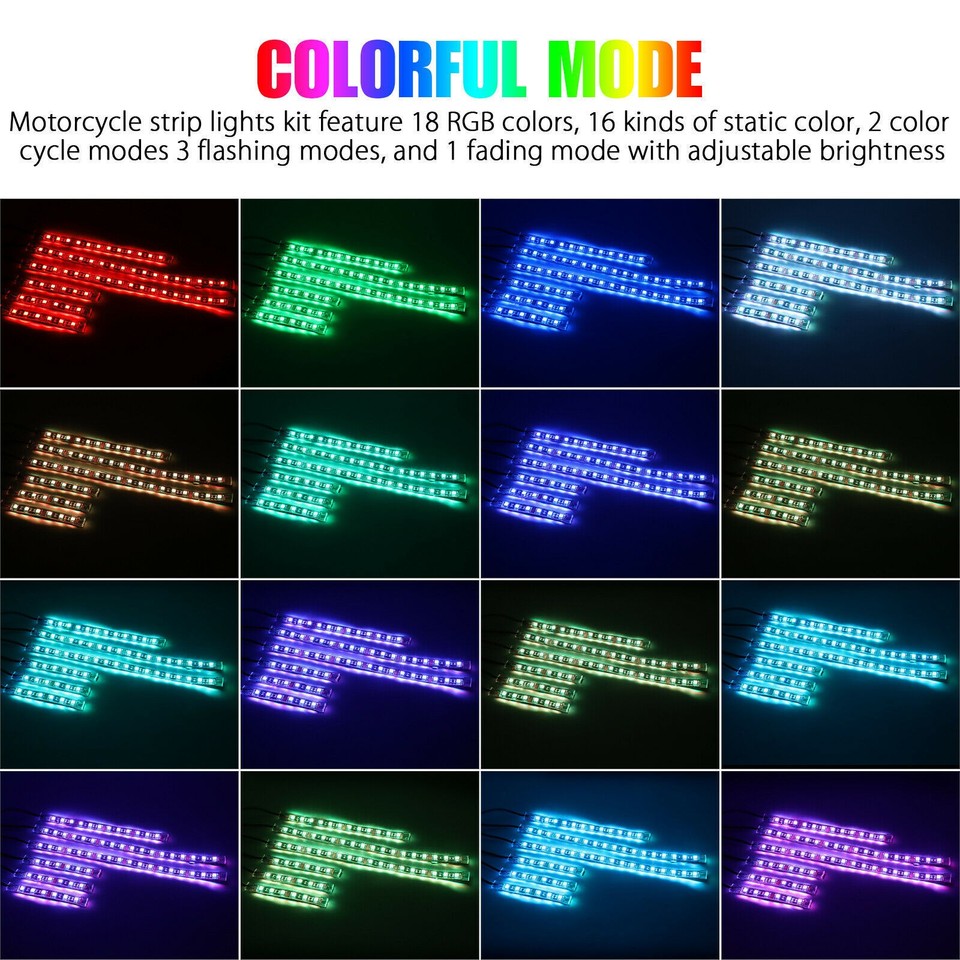 16PC RGB Bluetooth Motorcycle LED Light Under Glow Neon Strip Remote ...