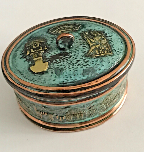 Oval Two Piece TRINKET Box Copper Patina PERU Peruvian Village Scene ...