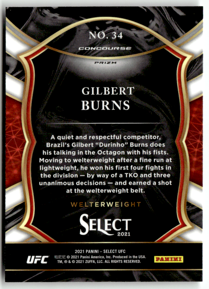 Panini 2021 Sélection UFC N° 34 Gilbert Burns Récupération Disco Prizm ...