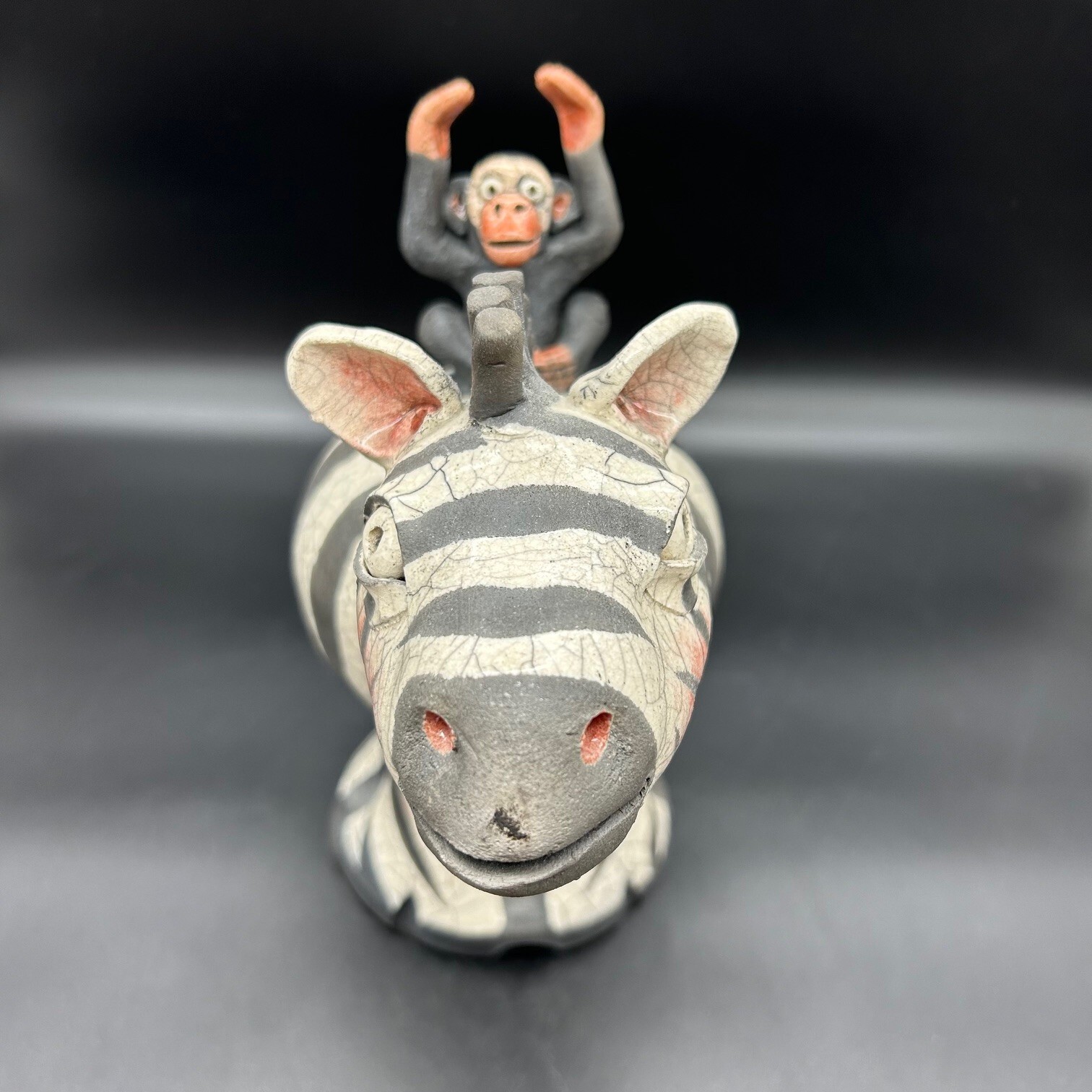 Peter Alsen Raku Pottery Oregon Zebra with Monkey Vessel Whimsical ...