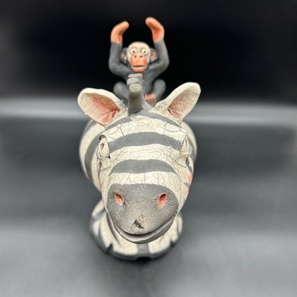 Peter Alsen Raku Pottery Oregon Zebra with Monkey Vessel Whimsical ...