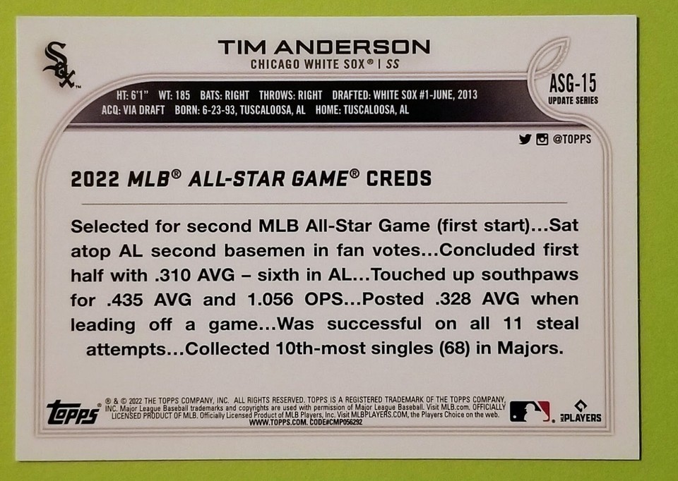 2022 Topps Update Tim Anderson All Star Game BLUE Parallel #ASG-15 ...
