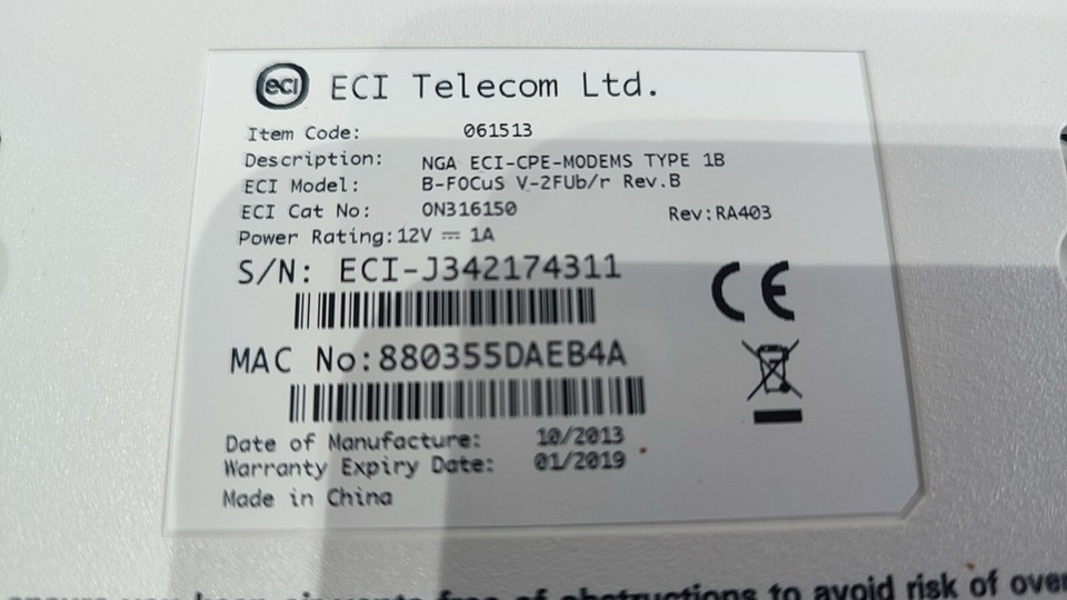 BT Openreach Fibre Modem ECI Telecom Ltd NGA ECI-CPE-MODEMS TYPE 1B ...