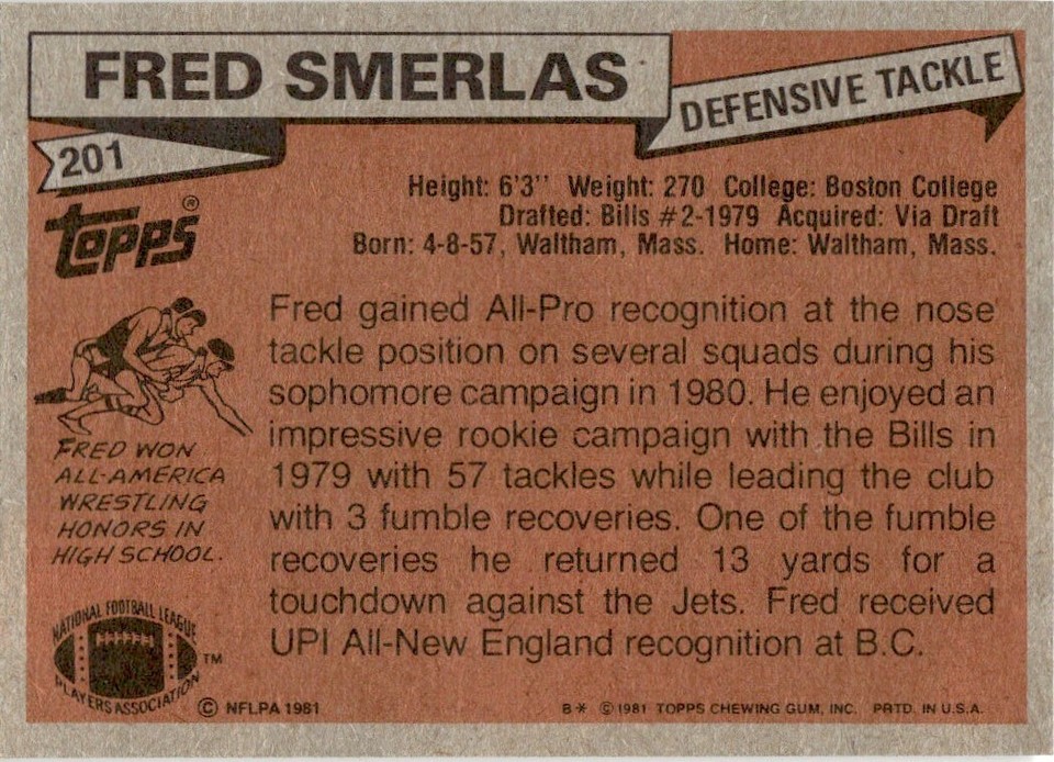 1981 Topps Fred Smerlas Rookie Buffalo Bills #201 | eBay