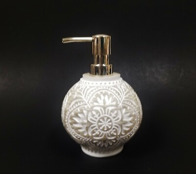NEW BEIGE CARVED FLORAL RESIN SPHERE+SILVER CHROME PUMP SOAP,LOTION ...
