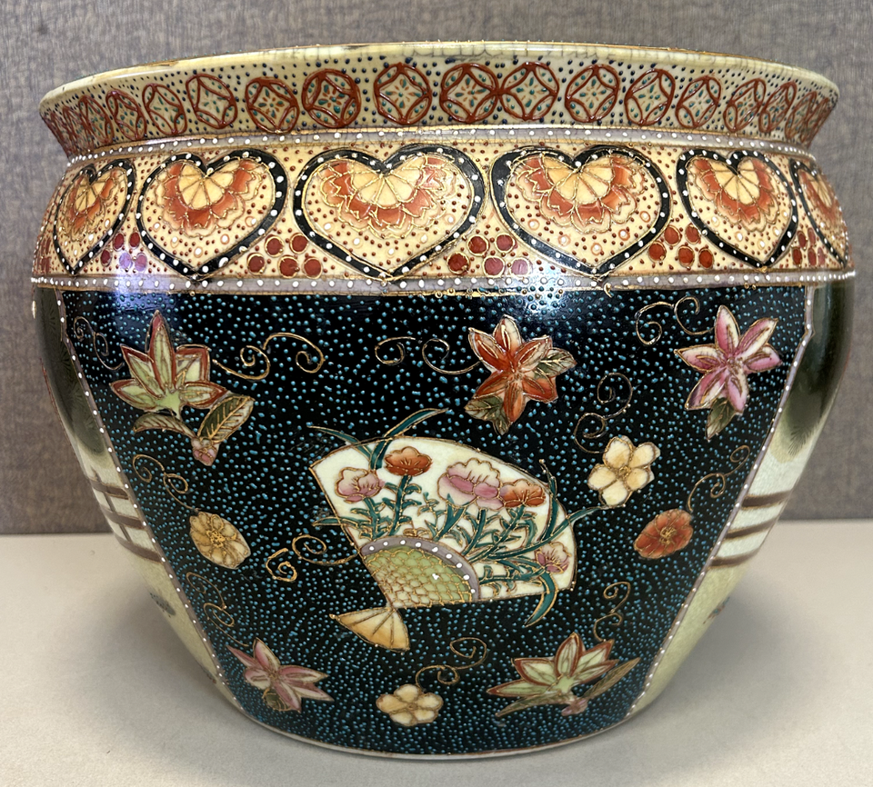 Vintage Japanese Kutani Satsuma Planter Pot Porcelain Enamel Geisha Koi ...