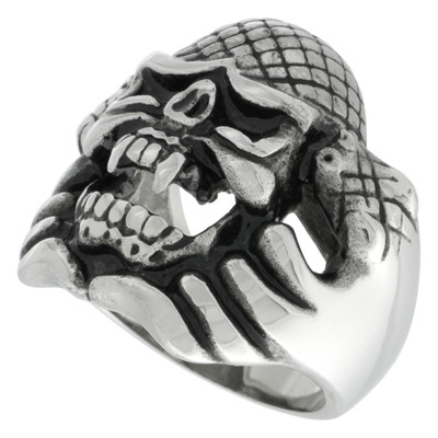 Stainless Steel Gothic Biker Ring Snake Holding Up Vampire Skull w ...