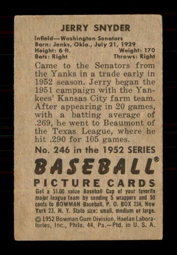 1952 Bowman #246 Jerry Snyder RC VG X2820410 | eBay