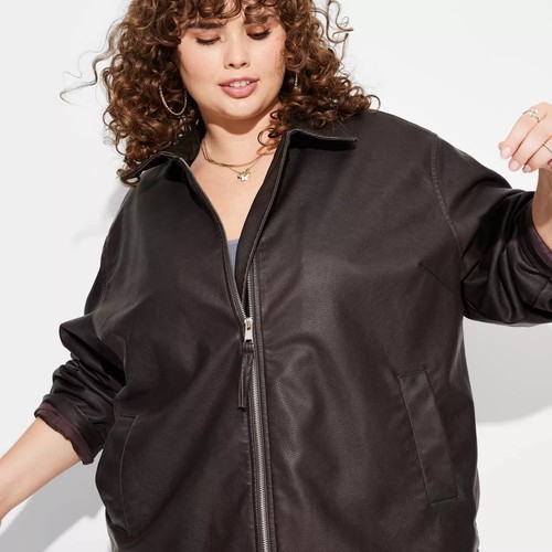 Women's Faux Leather Oversized Bomber Jacket - Wild Fable Dark Brown ...