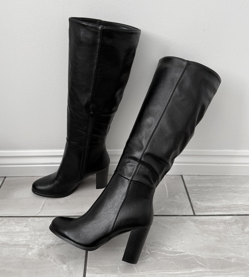 Ladies Black Faux Leather Knee High Boots Block Heel Stylish Long Shoes ...
