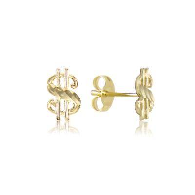 14K Solid Yellow Gold Dollar Sign Stud Earrings - $ Money Dia Cut Women ...
