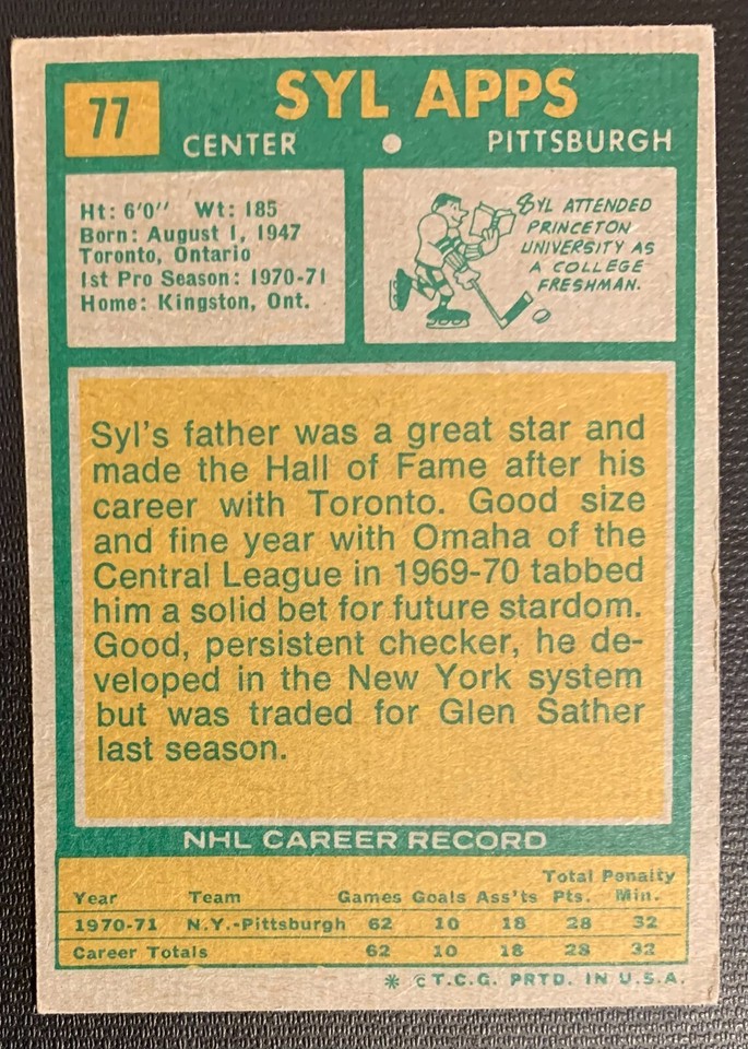 1971/72 Topps Hockey - #77 Syl Apps RC - Pittsburgh Penguins - nrmt | eBay