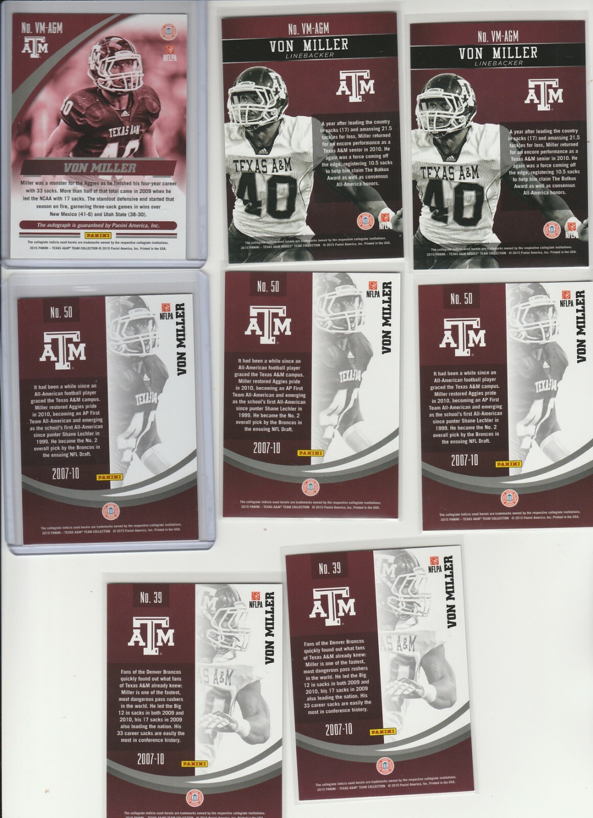 VON MILLER AUTOGRAPH RAINBOW LOT (8) 2015 TEXAS A&M GOLD AUTO #'D 5/5 ...