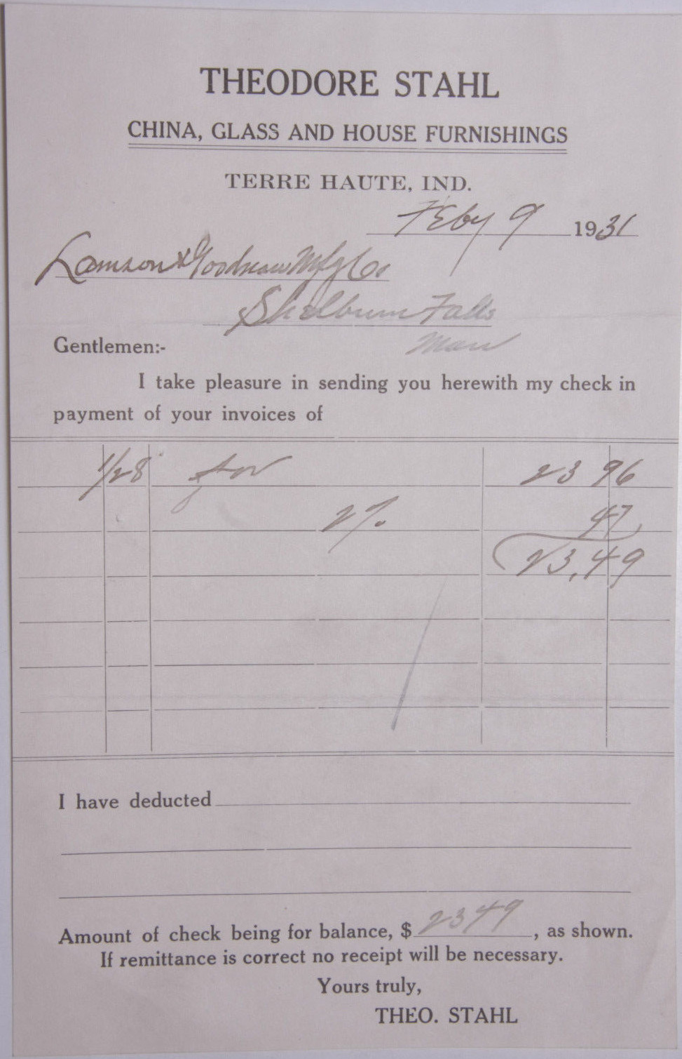 1931 Lamson Goodnow Theodore Stahl Terre Haute IN China Glass Ephemera ...