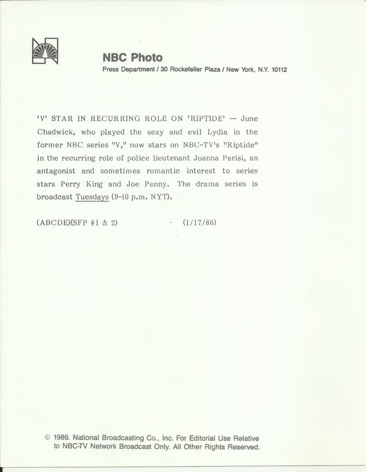 RIPTIDE JUNE CHADWICK ORIGINAL 1986 NBC TV 7X9 PRESS PHOTO | eBay