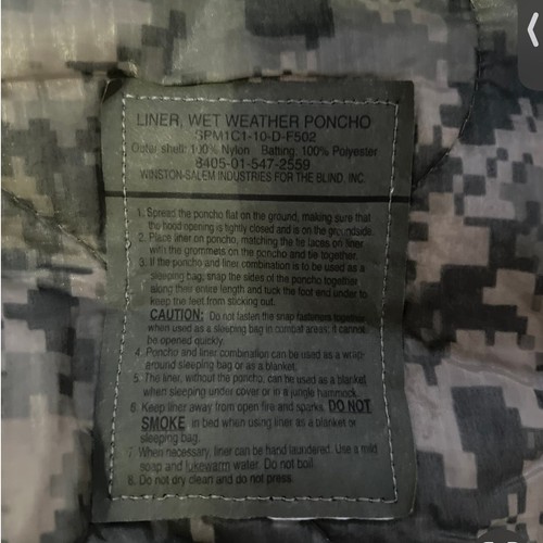 USGI ACU/UCP Wet Weather Poncho Liner NSN:8405-01-547-2559 (1A-GA- 8G ...