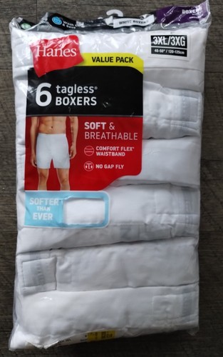 Hanes 6 Pk White Tagless Men's Woven Boxers 3XL, Soft Breathable, No ...