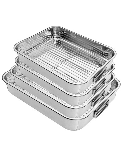 4 Pcs Professional Stainless Steel Roasting Trays Removable Rack Sturdy ...