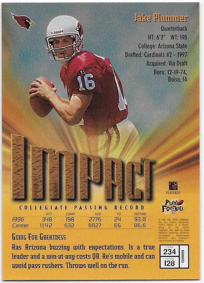 JAKE PLUMMER 1997 Topps Finest Rookie RC #234 w/coating CARDINALS ...