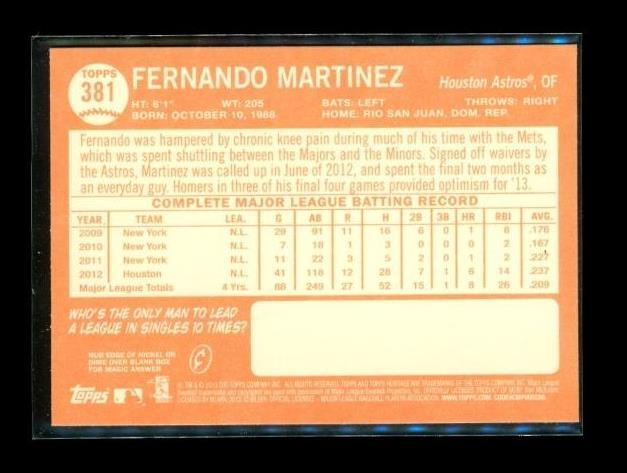 2013 TOPPS HERITAGE Baseball Trading Card #381 FERNANDO MARTINEZ ...