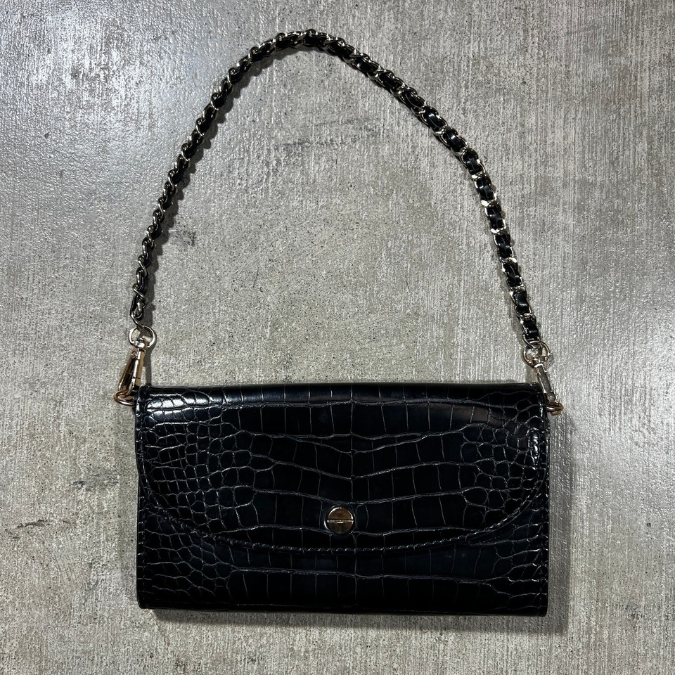 Black Croc Embossed Chain Shoulder Bag Wallet on Chain | eBay