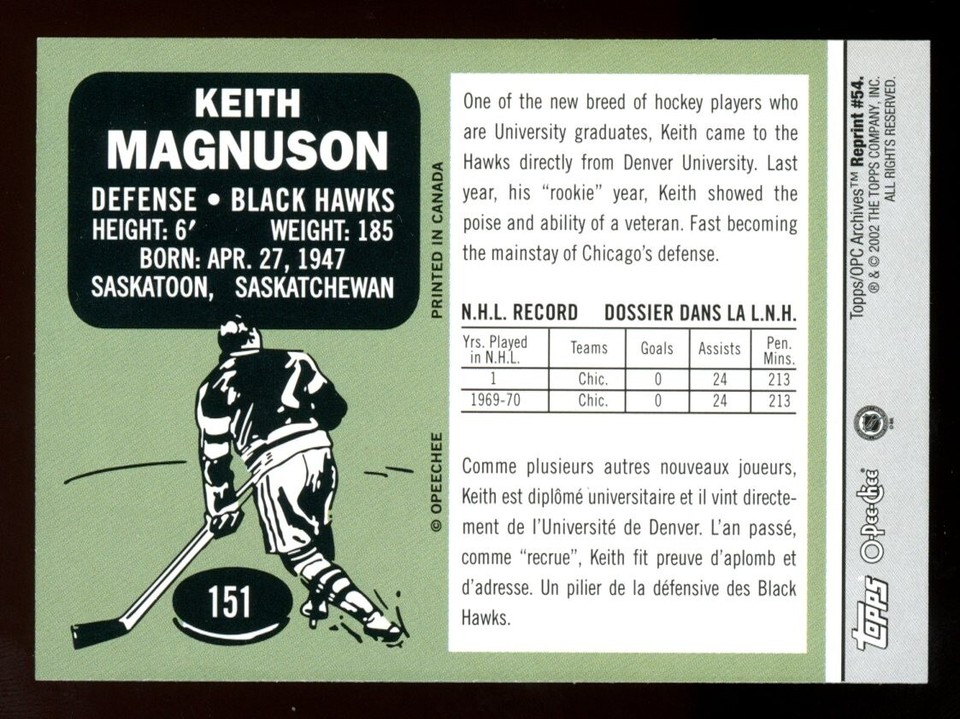 1970-71 Topps OPC NHL #151 Keith Magnuson HOF RC MINT Black Hawks ...