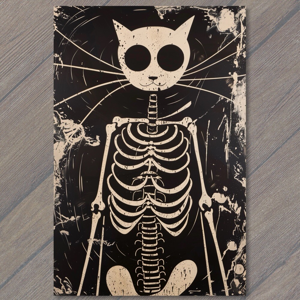 POSTCARD Cat Surreal Skeleton Black Cubist Abstract Art Spiral Eyes ...