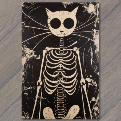 POSTCARD Cat Surreal Skeleton Black Cubist Abstract Art Spiral Eyes ...